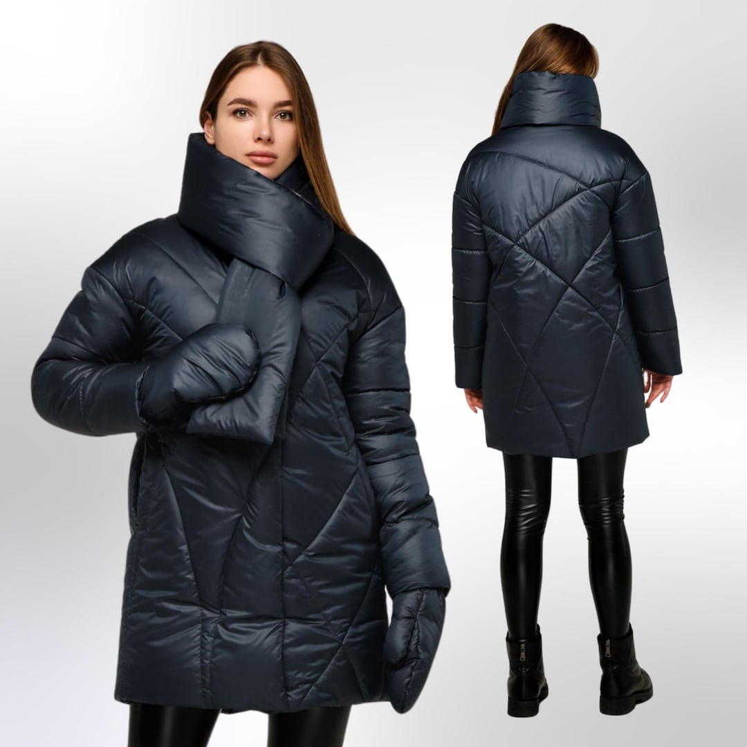 Puffer Jacket Women Winter Set 3-pieces Down Jacket Scarf Mittens Puffy ...