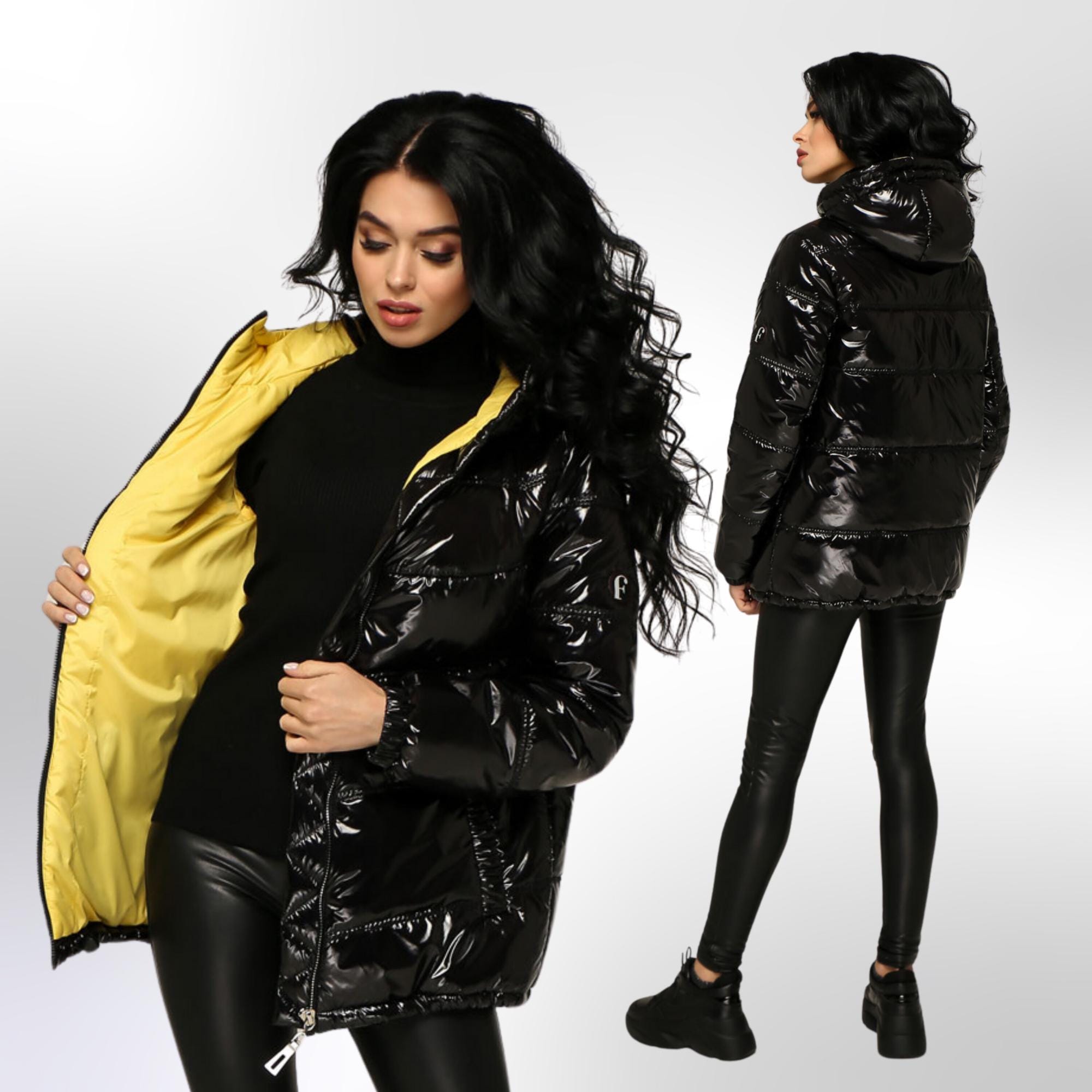 Black Yellow Puffer Jacket Women Puffy Hooded Coat Waterproof and ...