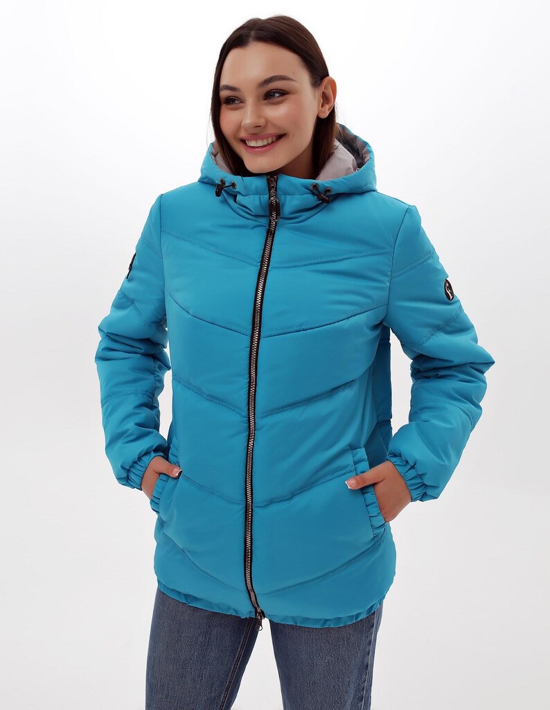 Blue Puffer Jacket Women Turquoise Puffy Hooded Coat Waterproof and ...