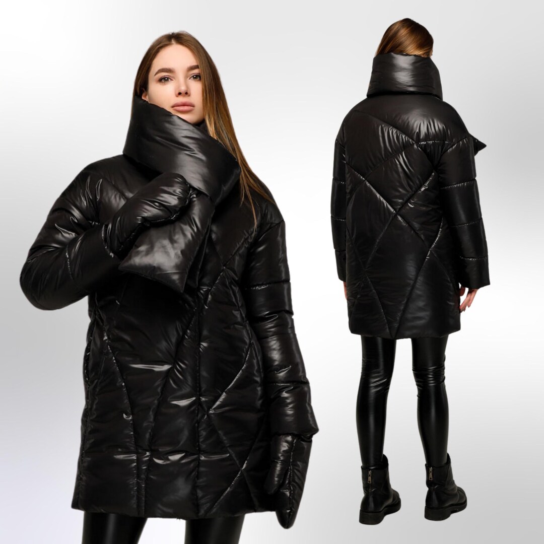 Black Puffer Jacket Women Winter Set 3-pieces Down Jacket Scarf Mittens ...