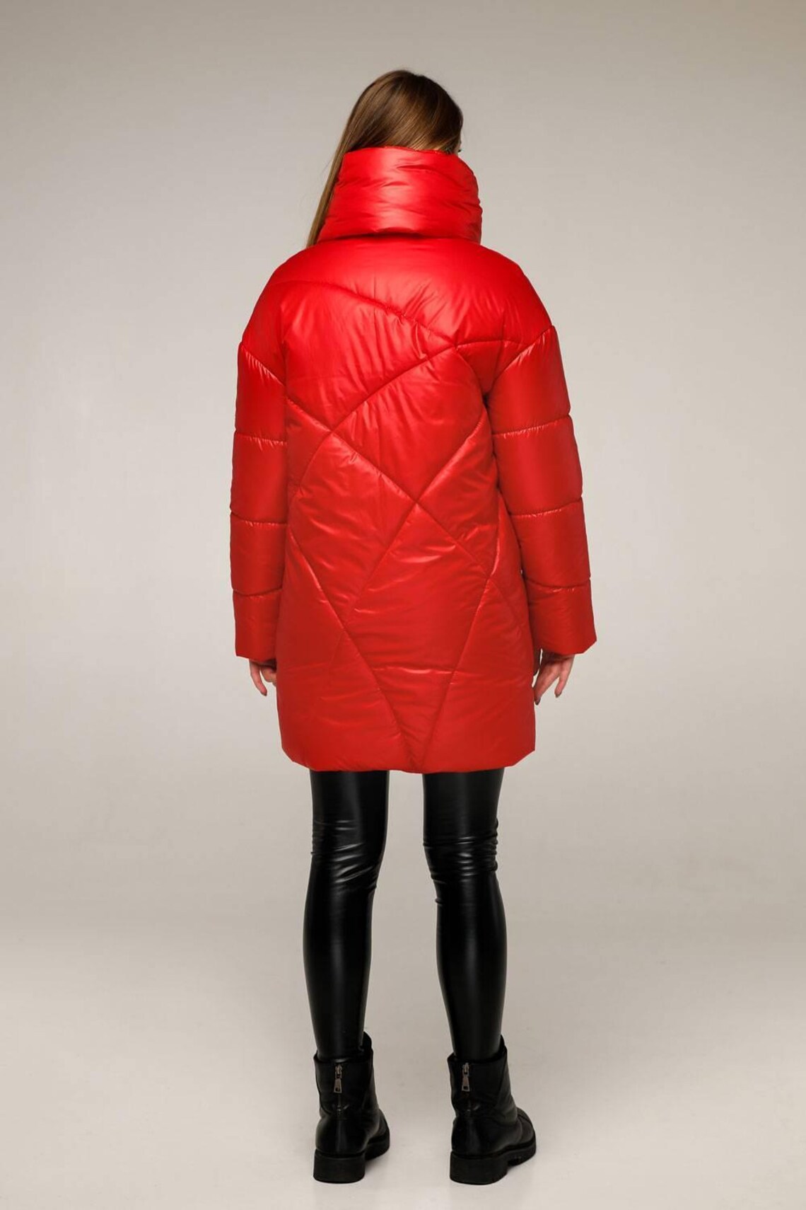 Red Puffer Jacket Women Winter Set 3-pieces Down Jacket Scarf Mittens ...