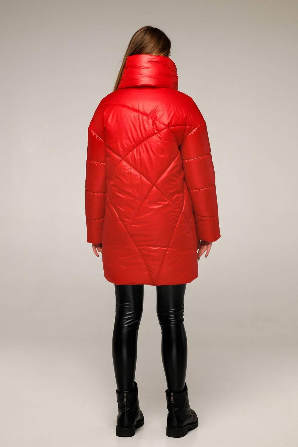 Red Puffer Jacket Women Winter Set 3-pieces Down Jacket Scarf Mittens ...