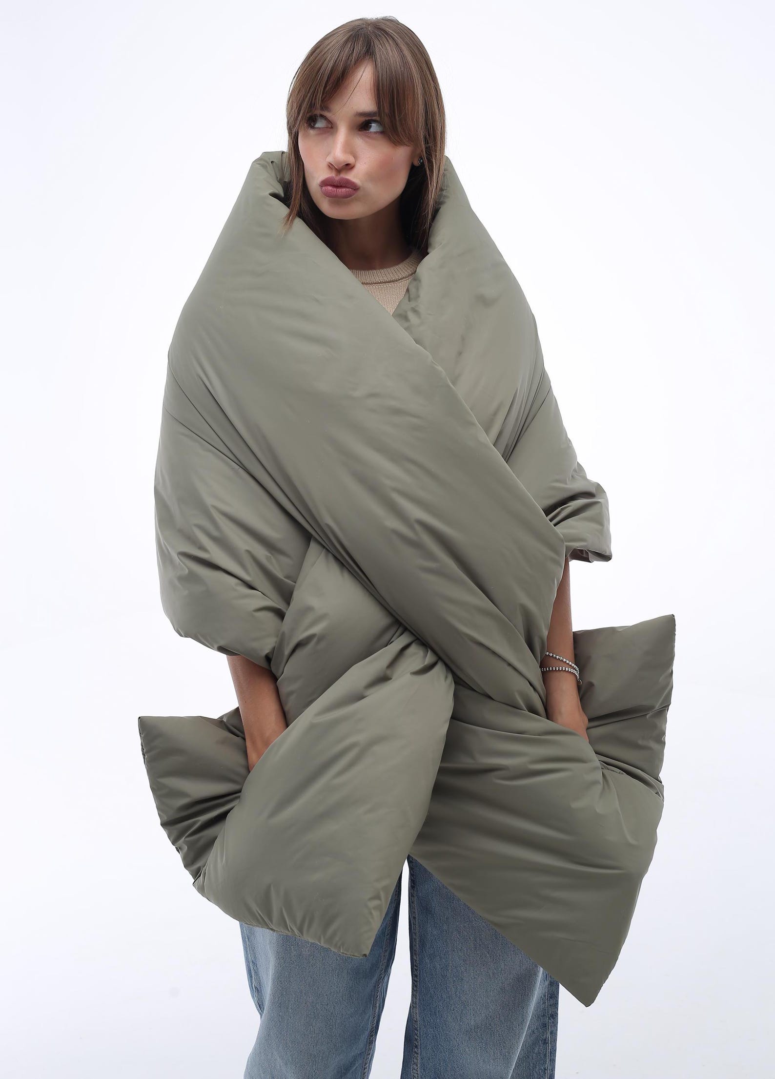Olive Puffer Large Scarf 20x85in With 2 Pockets Blanket Shawl Cape ...