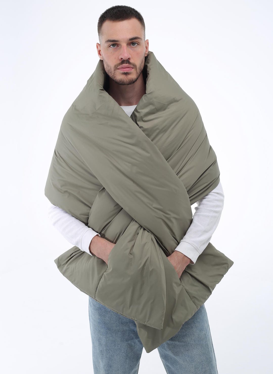 Bufanda acolchada verde oliva con bolsillos para hombre: abrigo cálido ...