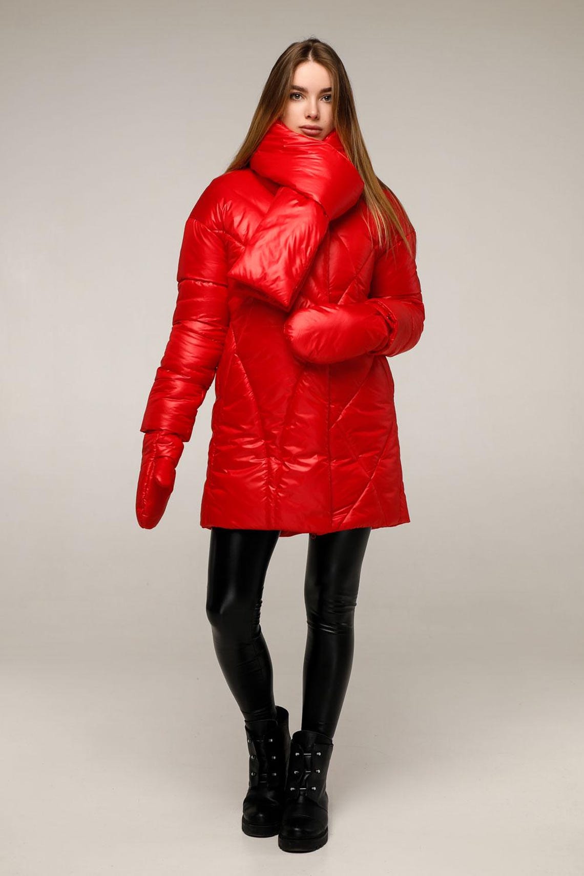 Red Puffer Jacket Women Winter Set 3-pieces Down Jacket Scarf Mittens ...