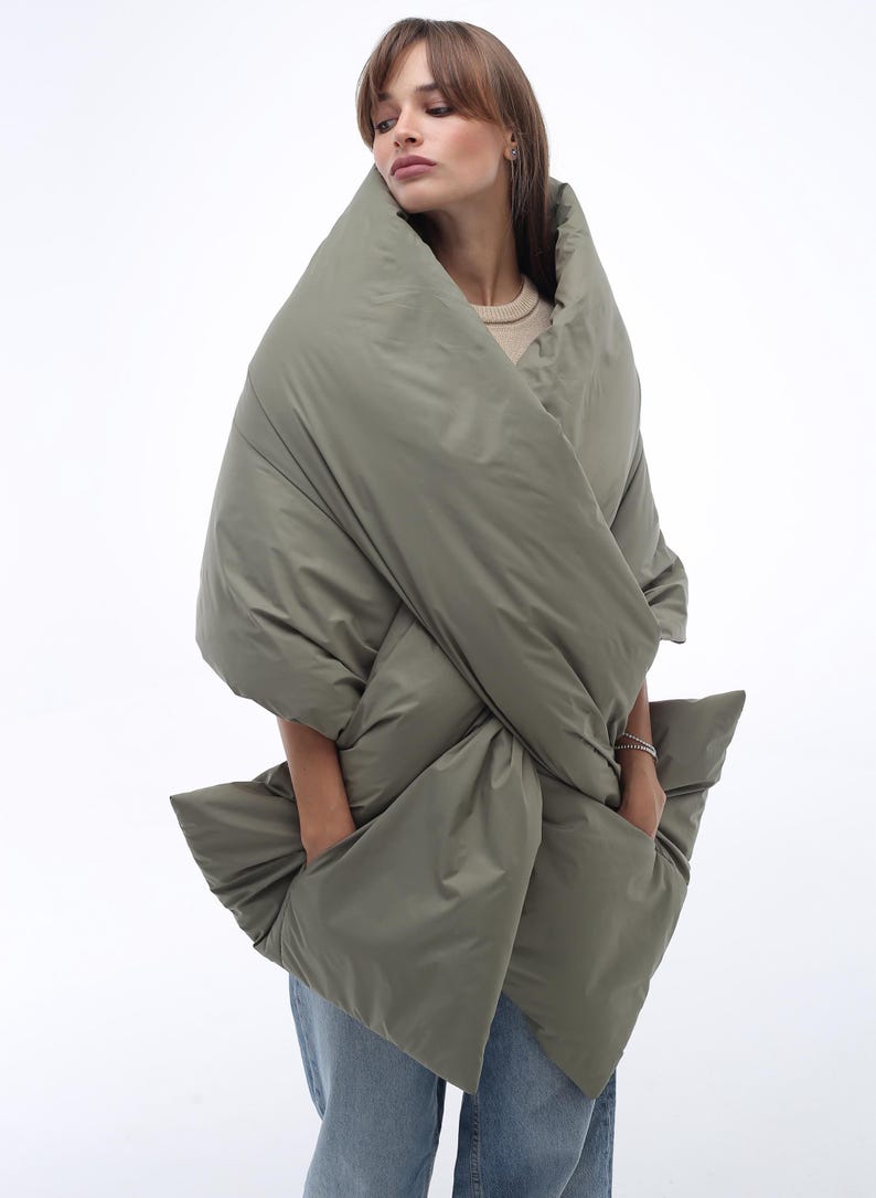 Olive Puffer Large Scarf 20x85in With 2 Pockets Blanket Shawl Cape ...