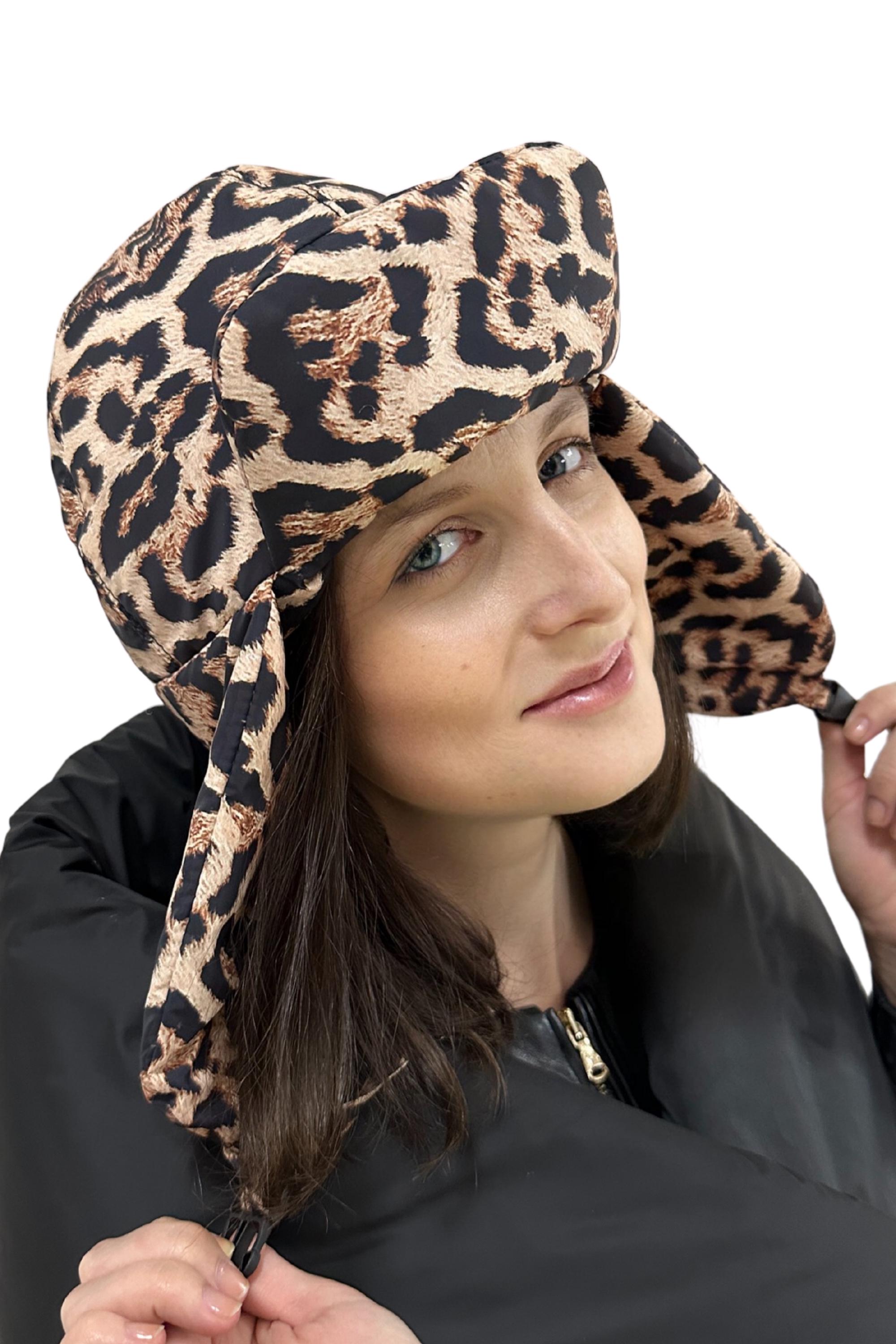 Leopard Puffer Hat Quilted Aviator Helmet Cap Pillow Bonnet Warm Winter ...