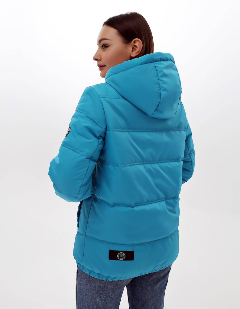 Blue Puffer Jacket Women Turquoise Puffy Hooded Coat Waterproof and ...