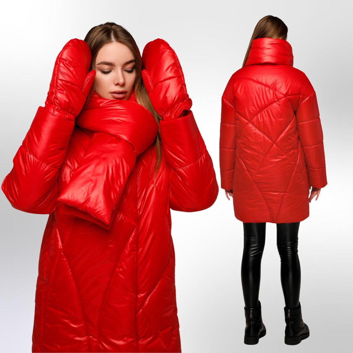 Red Puffer Jacket Women Winter Set 3-pieces Down Jacket Scarf Mittens ...