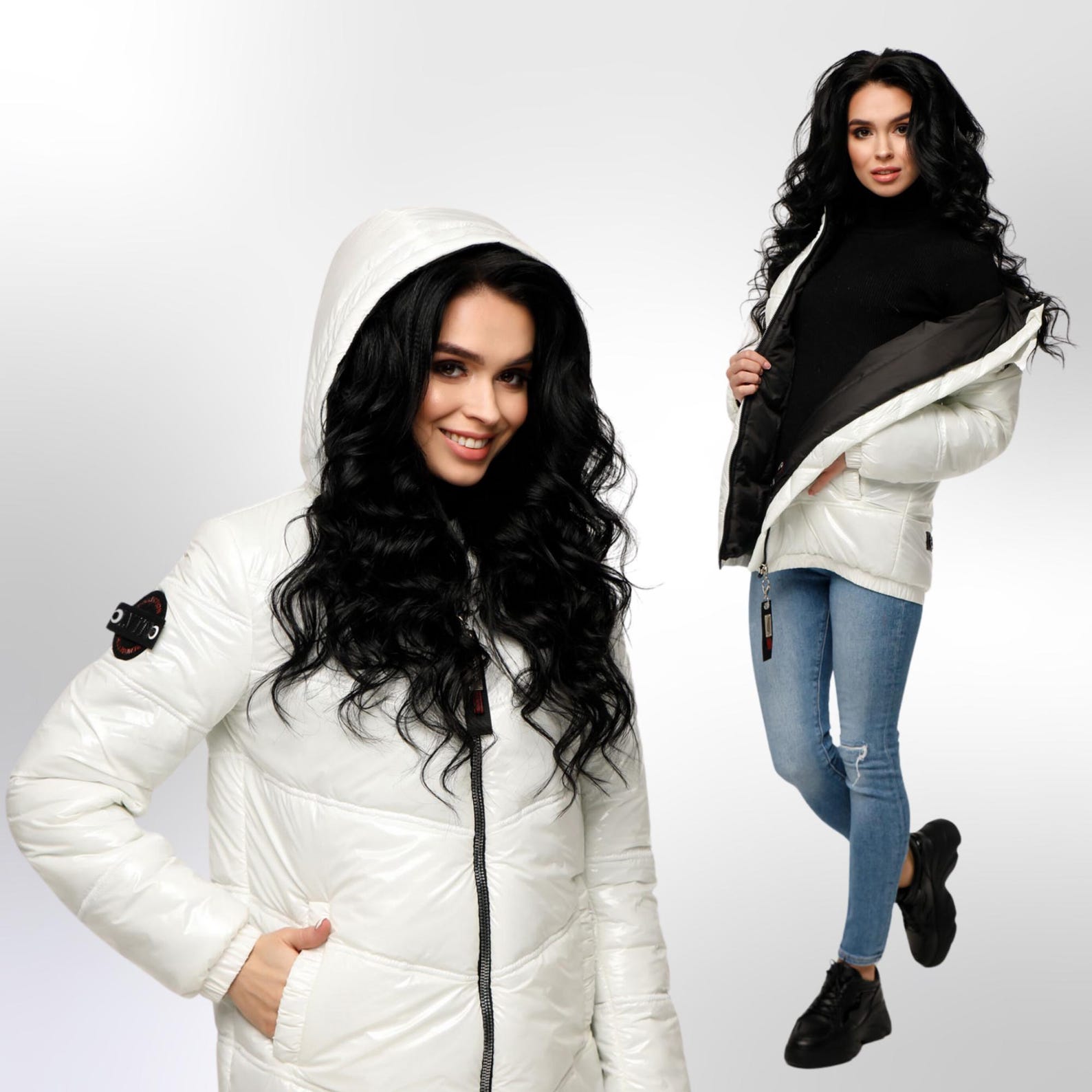 Ivory Puffer Jacket Women White Puffy Hooded Coat Waterproof and ...