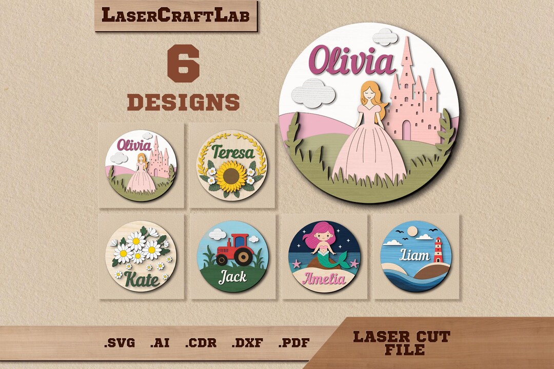 Baby Name Sign Bundle SVG Laser Cut File, Princess, Mermaid, Tractor ...
