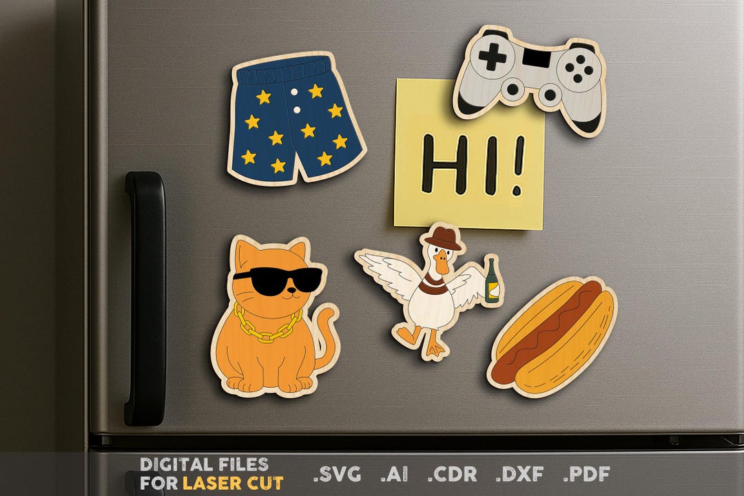 Fridge Magnets Bundle SVG, Glowforge Laser Cut File, Cat, Hot Dog ...