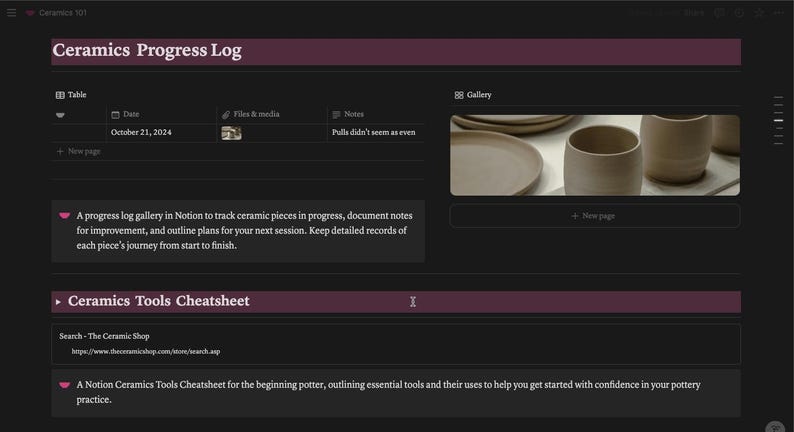 Ceramics 101 Notion Template | Digital Planner for Potters | Progress Log, Cheat Sheets ...