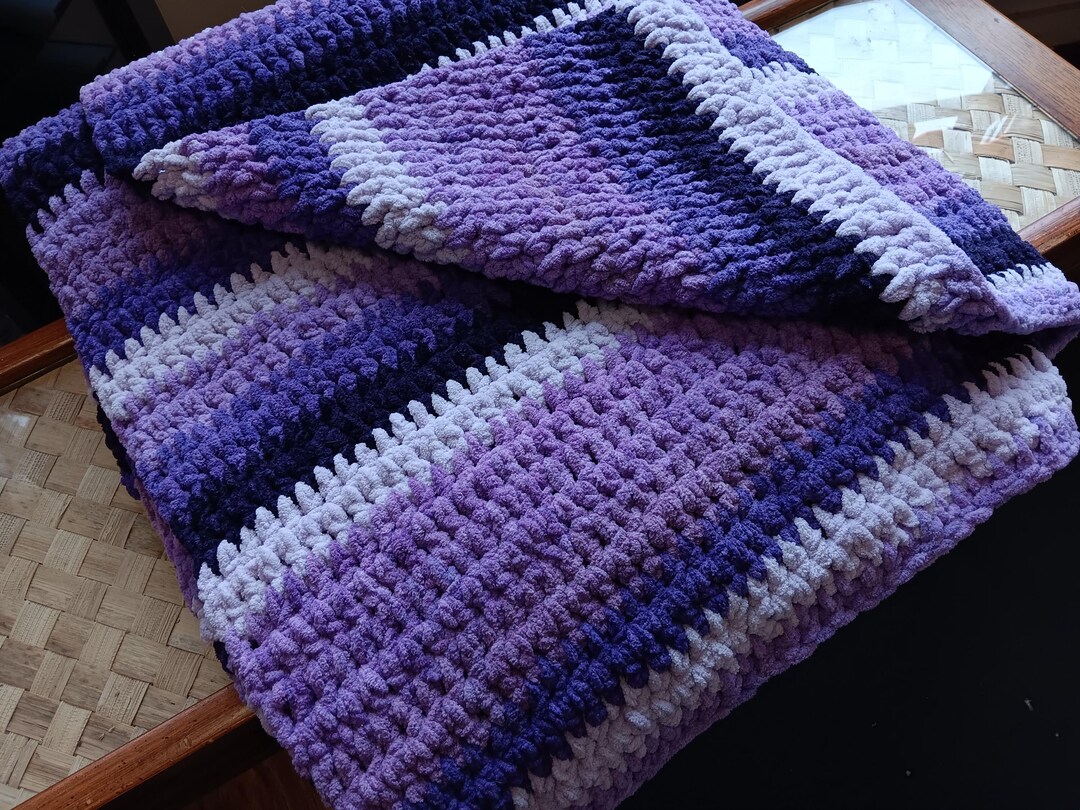 Purple Ombre Throw, Chunky Handmade Afghan, Crocheted Plush Variegated ...