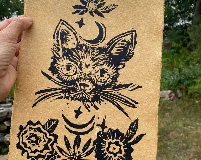 Original Linocut Print, Folk Cat, Block Print on Handmade Deckled Edge ...