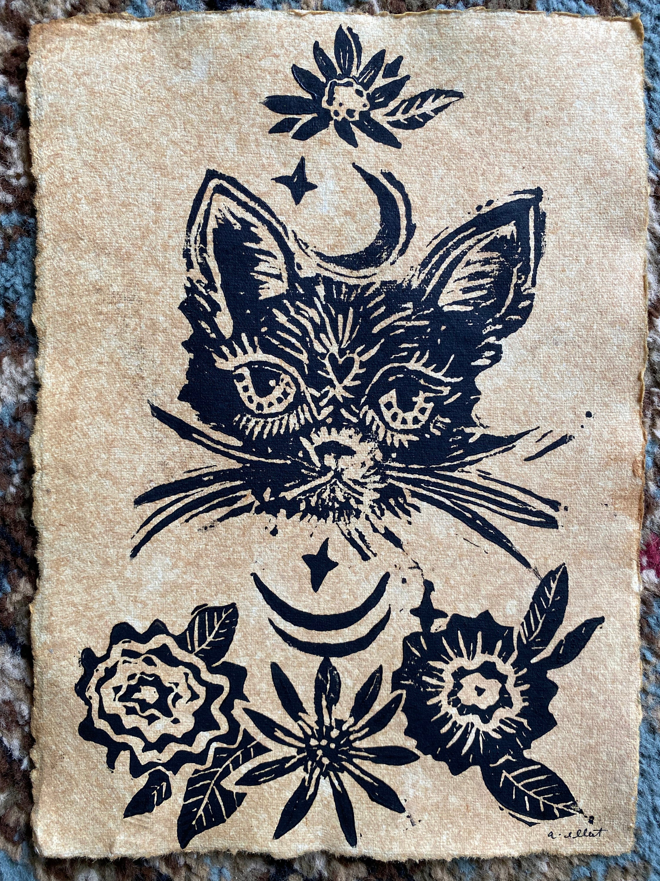 Original Linocut Print, Folk Cat, Block Print on Handmade Deckled Edge ...
