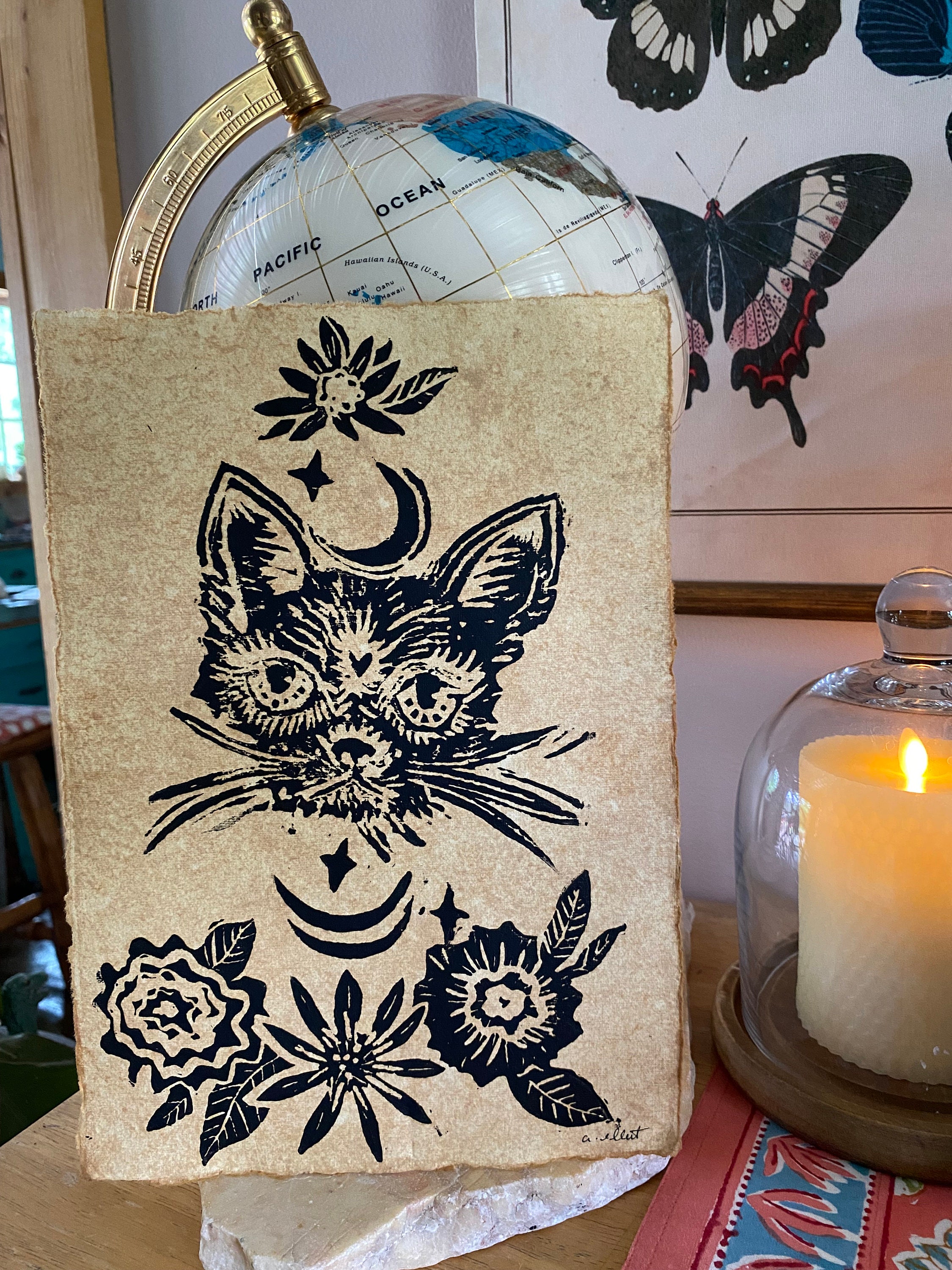 Original Linocut Print, Folk Cat, Block Print on Handmade Deckled Edge ...