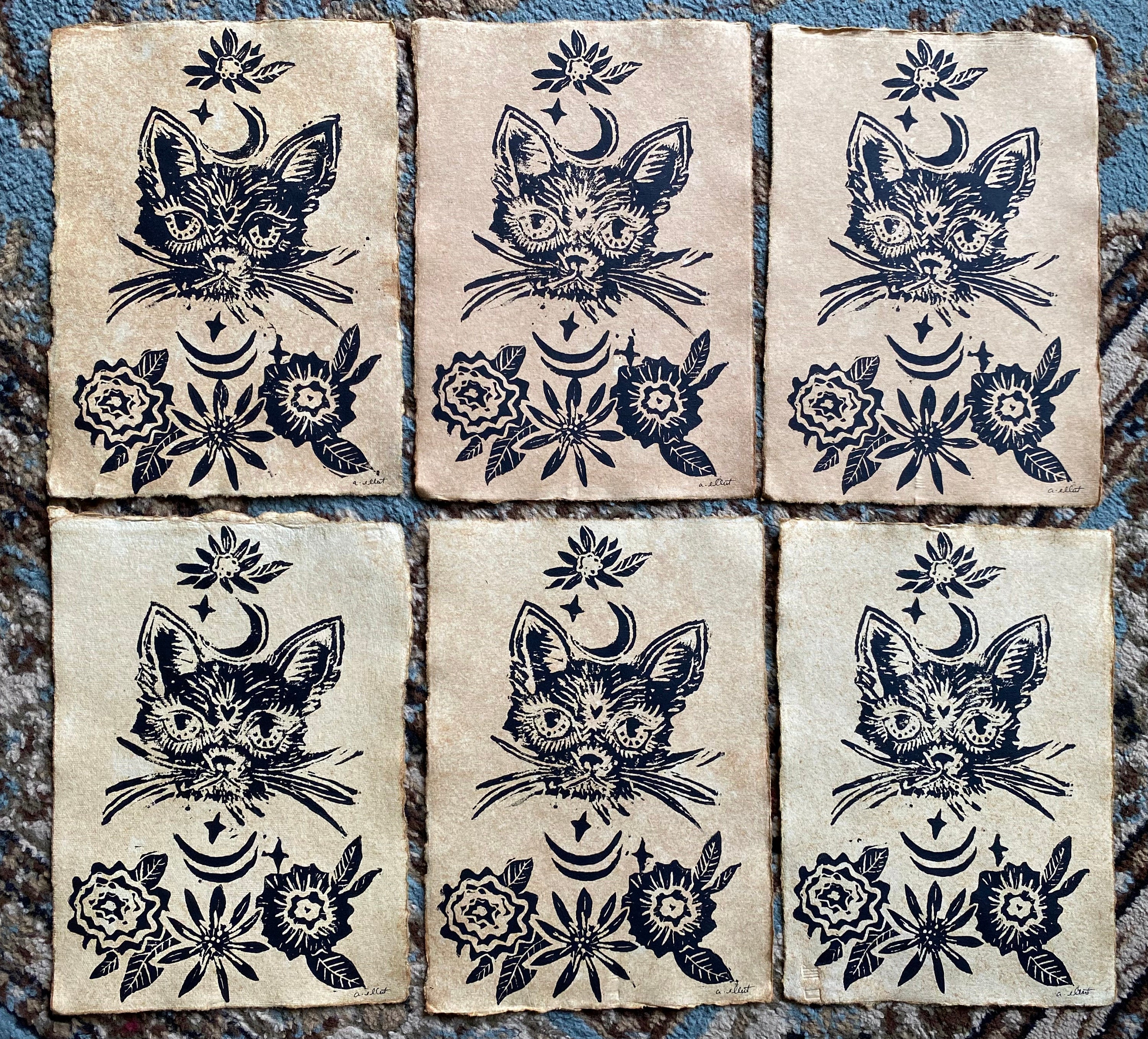 Original Linocut Print, Folk Cat, Block Print on Handmade Deckled Edge ...