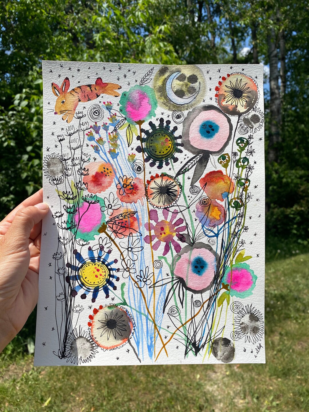 Sleeping Awake Folklore Rabbit Painting Original, One of a Kind Not a ...