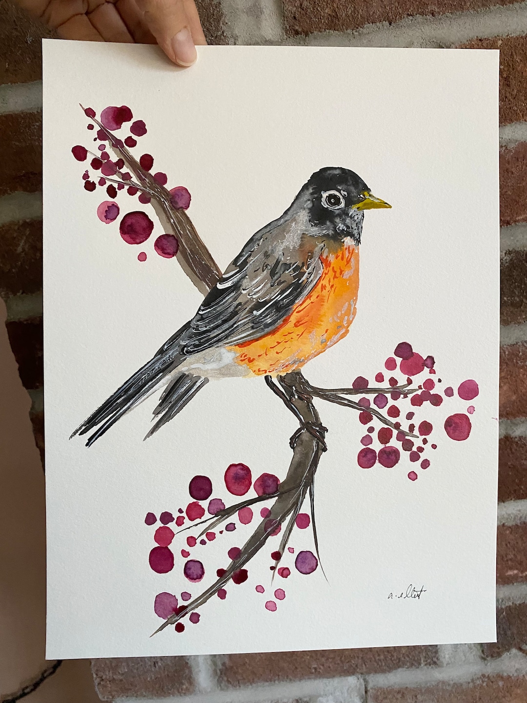 Winter Robin Folk Art, Original, One of Kind Watercolor - Etsy