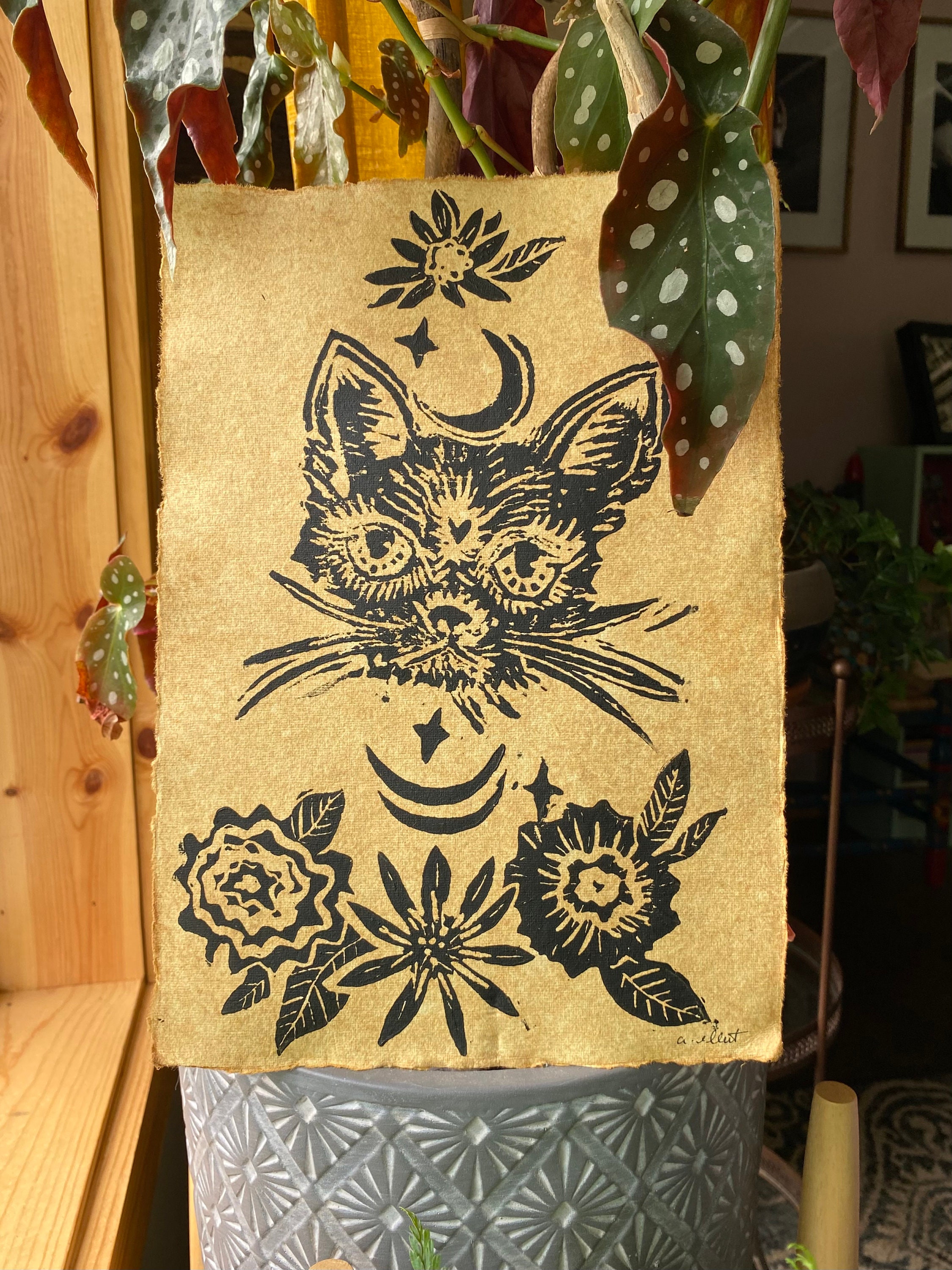 Original Linocut Print, Folk Cat, Block Print on Handmade Deckled Edge ...