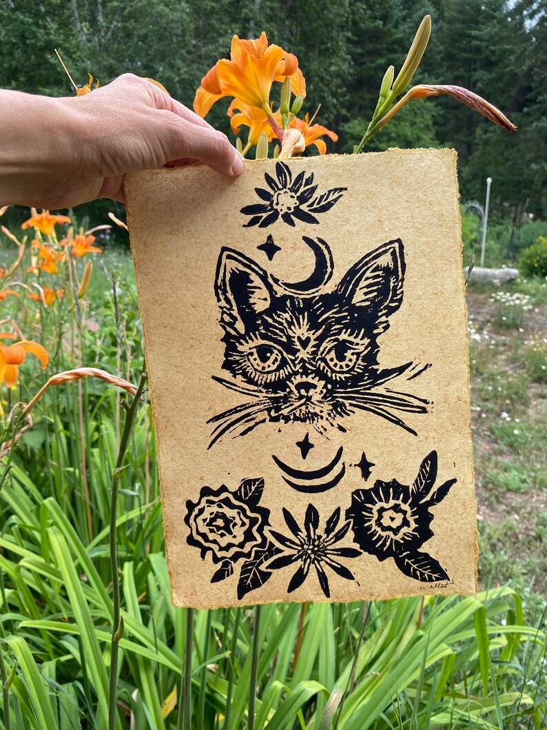 Original Linocut Print, Folk Cat, Block Print on Handmade Deckled Edge ...