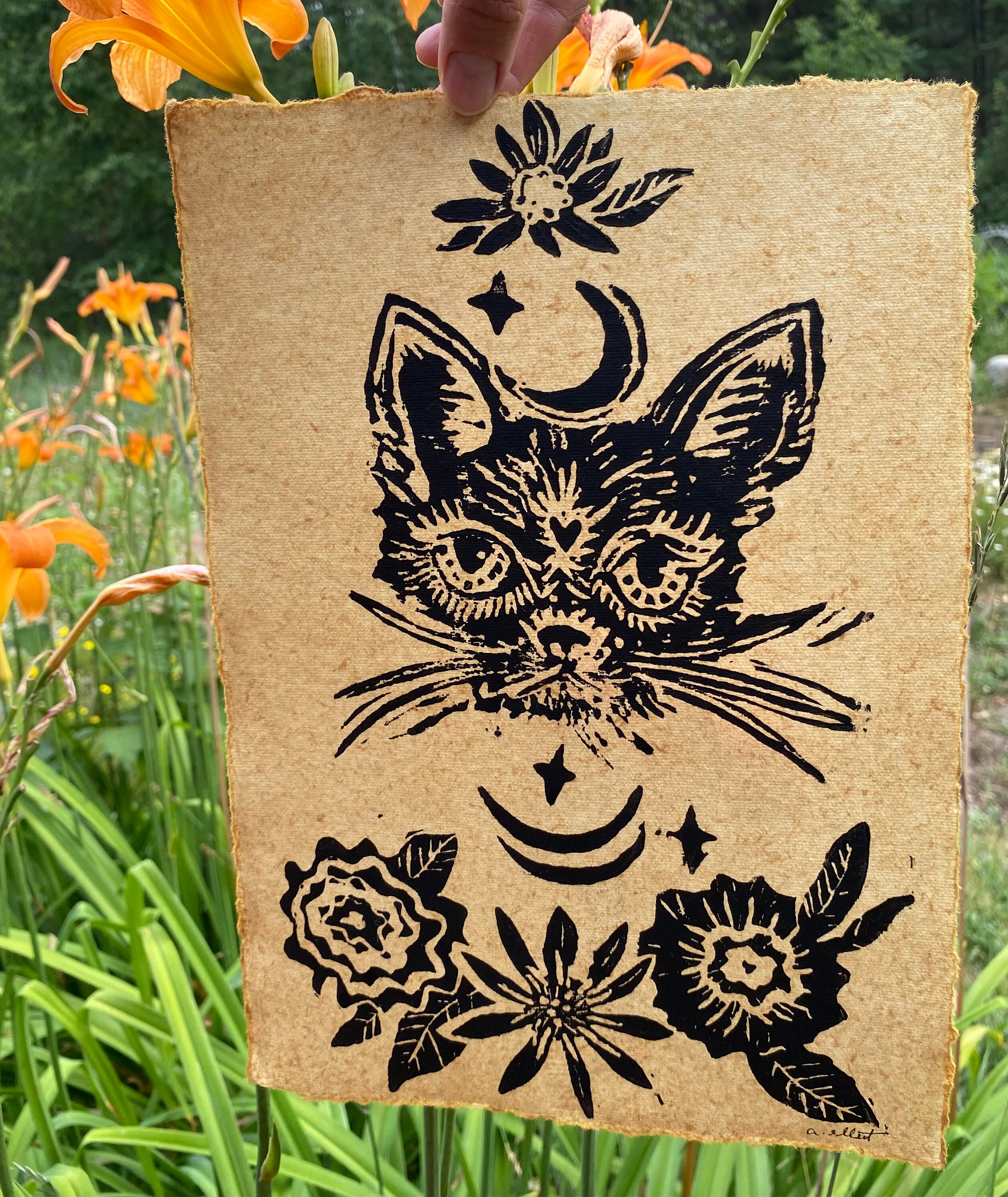 Original Linocut Print, Folk Cat, Block Print on Handmade Deckled Edge ...