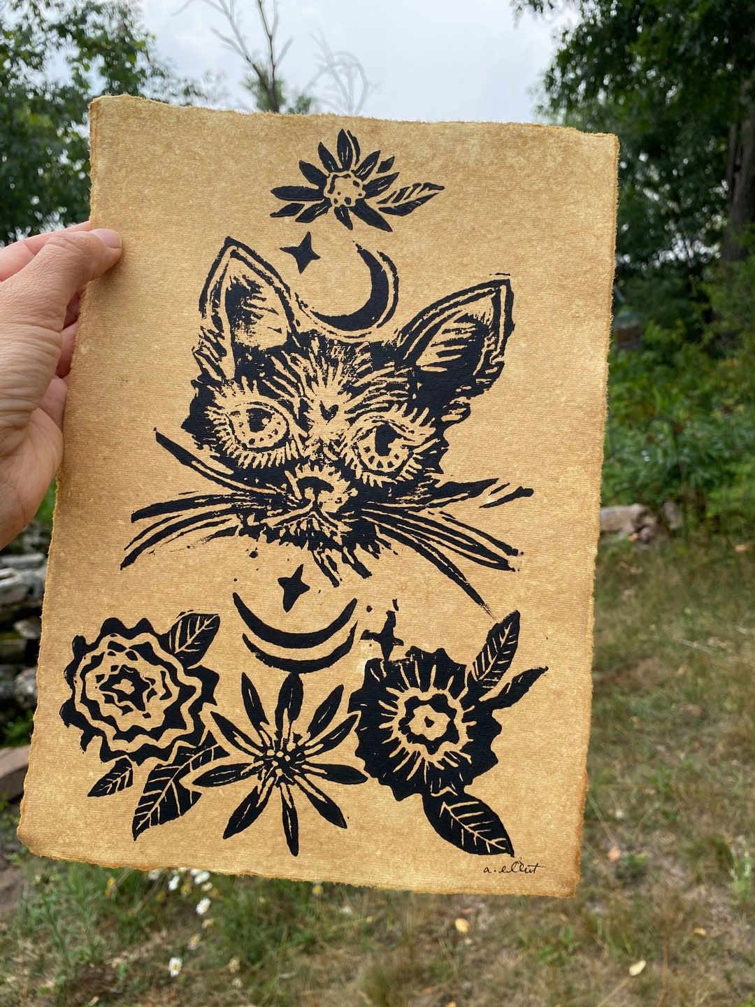 Original Linocut Print, Folk Cat, Block Print on Handmade Deckled Edge ...