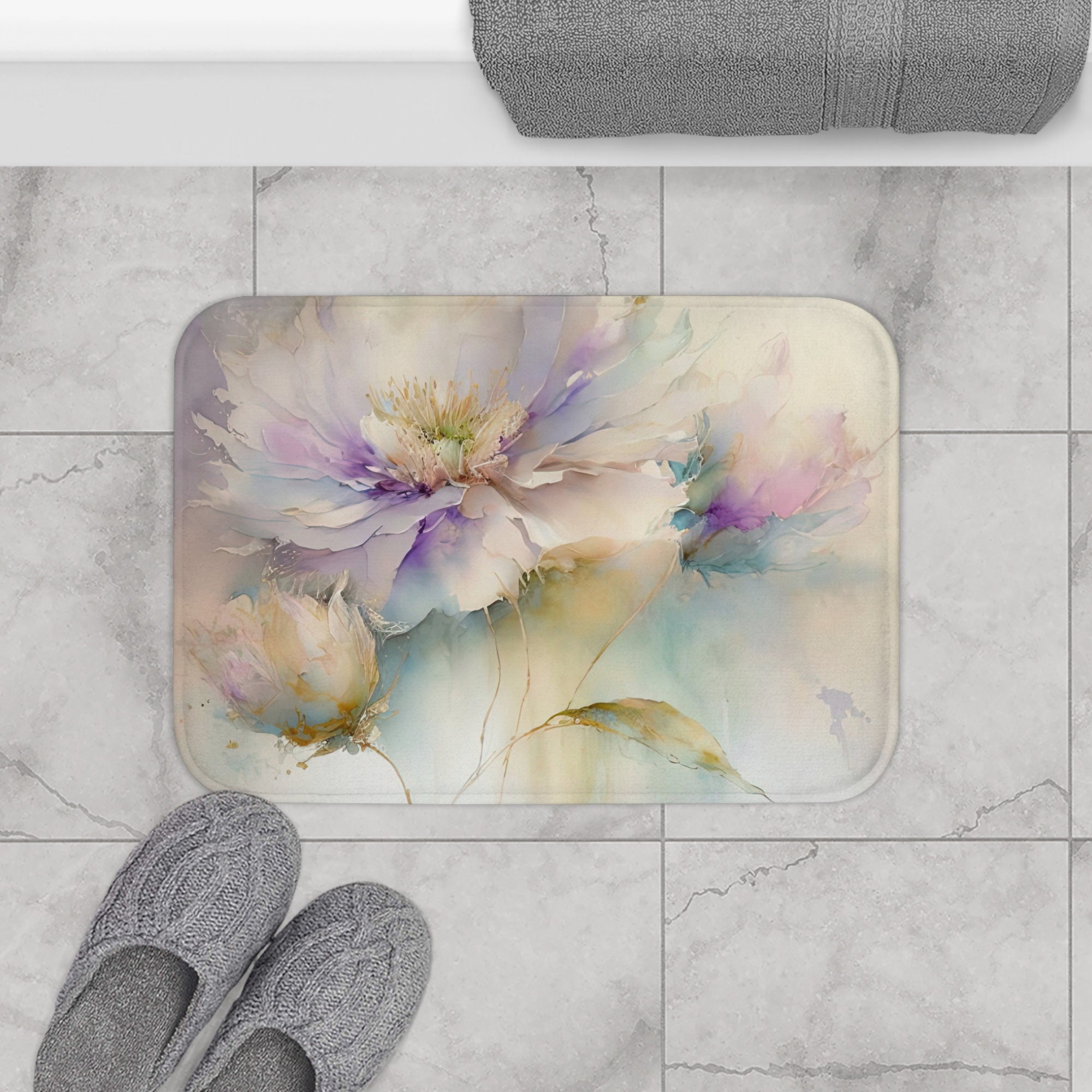 Shabby Chic Bathroom Decor, Bath Mat, Floral Boho Microfiber Rug ...
