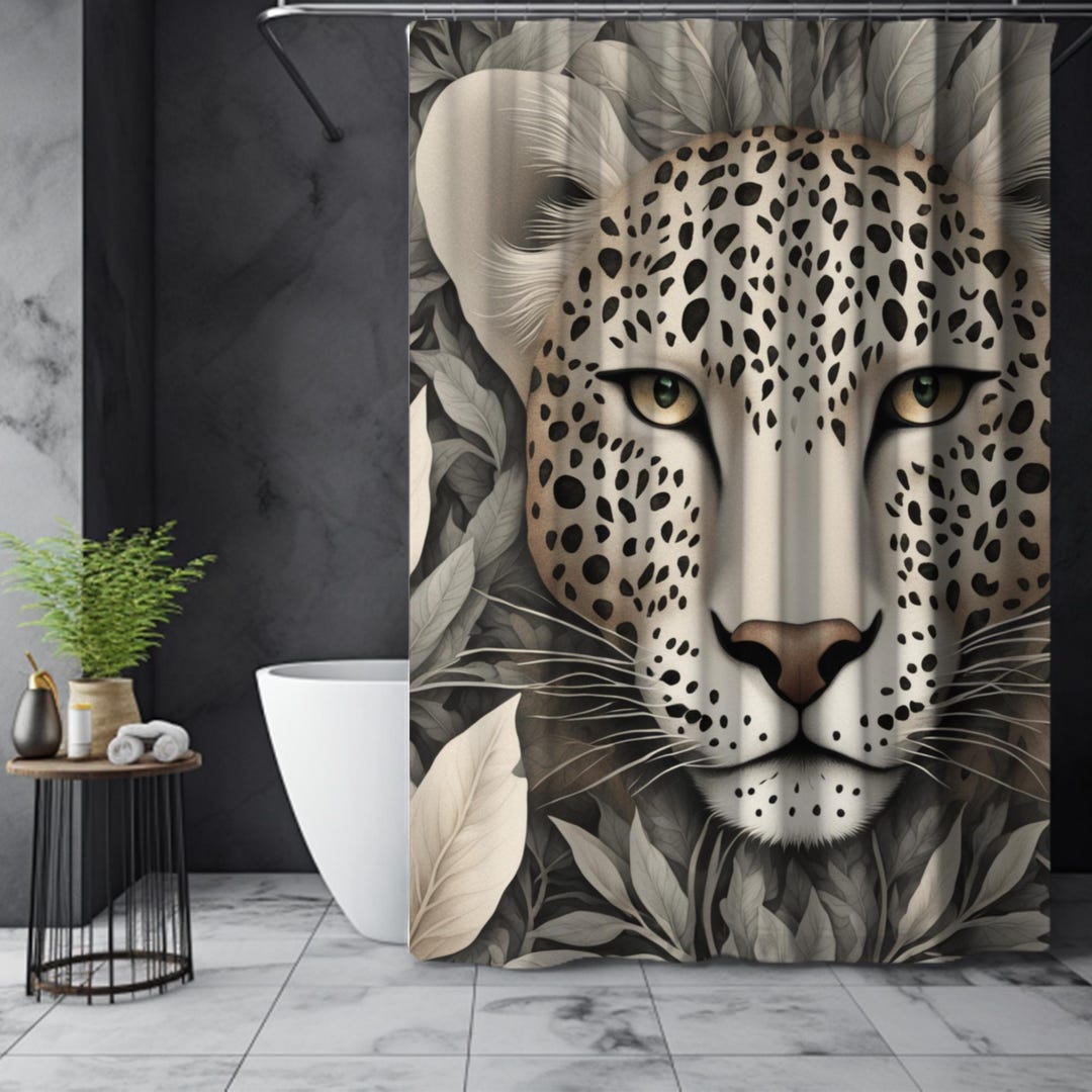 Snow Leopard Bathroom Decor Shower Curtain Cream Fabric Shower Shabby ...