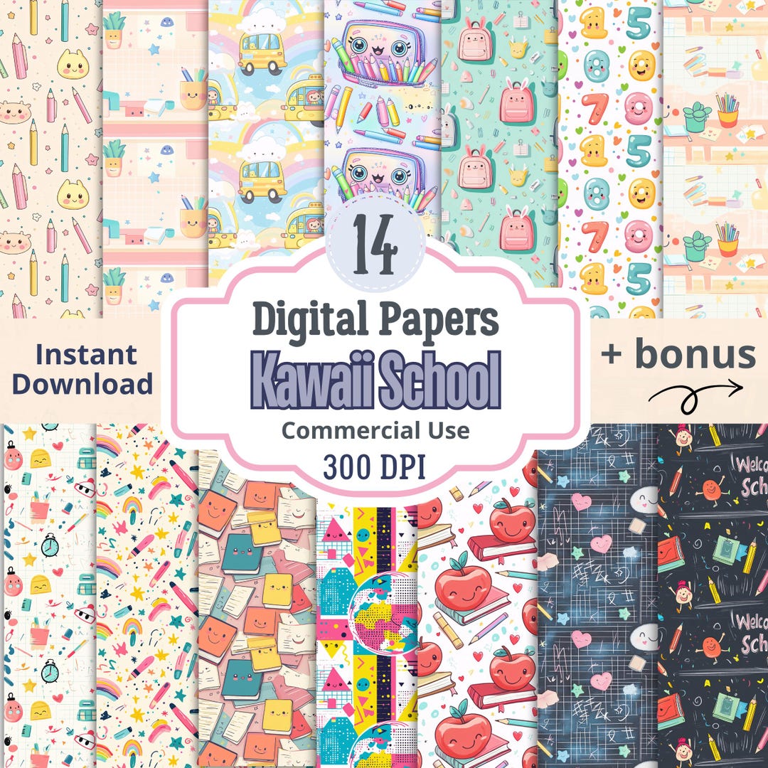 Kawaii School Digital Paper With Three Variations 42 JPG, Printable ...