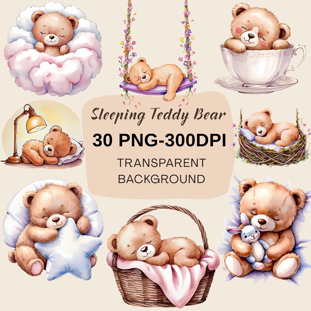 Sleeping Teddy Bear Clipart,watercolor Baby Bear Clipart,baby Nursery ...