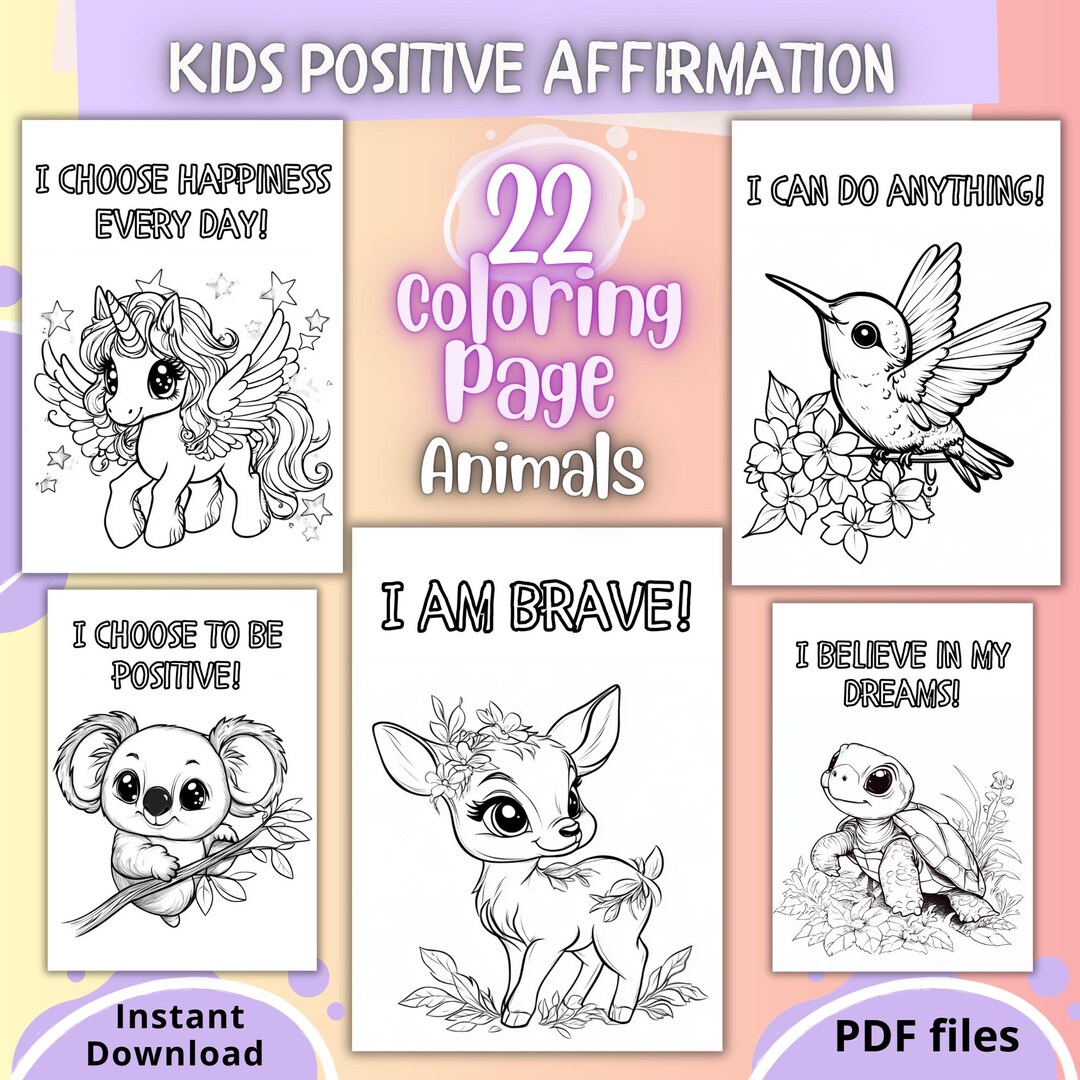 Kids Animal Coloring Pages, Positive Affirmations (PDF) - Etsy