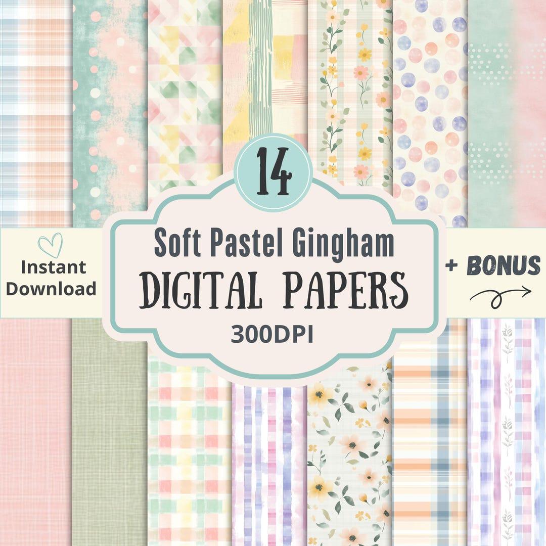 Soft Pastel Gingham Digital Paper Pack, Watercolor Textures (digital ...