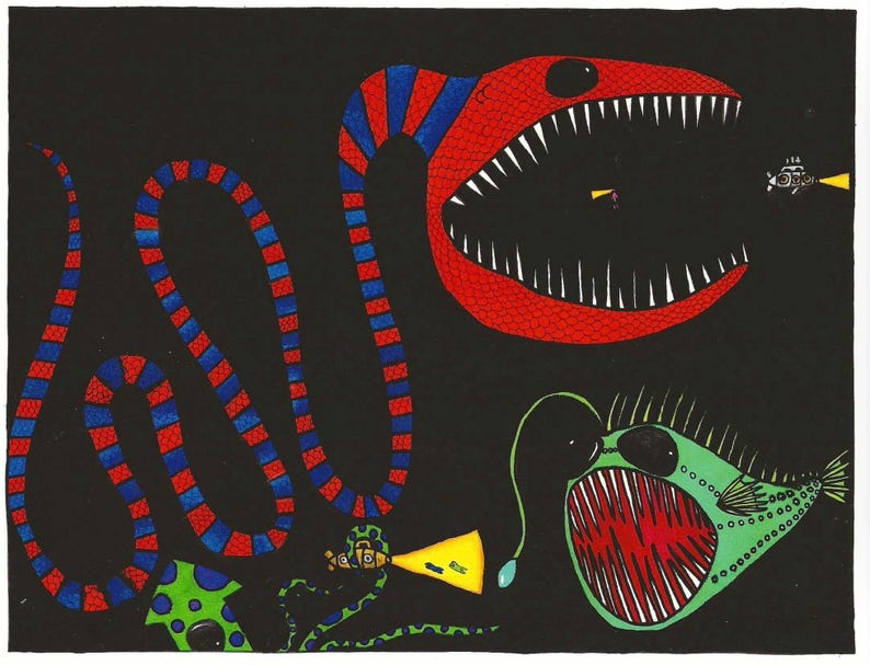 Spooky Deep Sea Creatures Art Print - Etsy