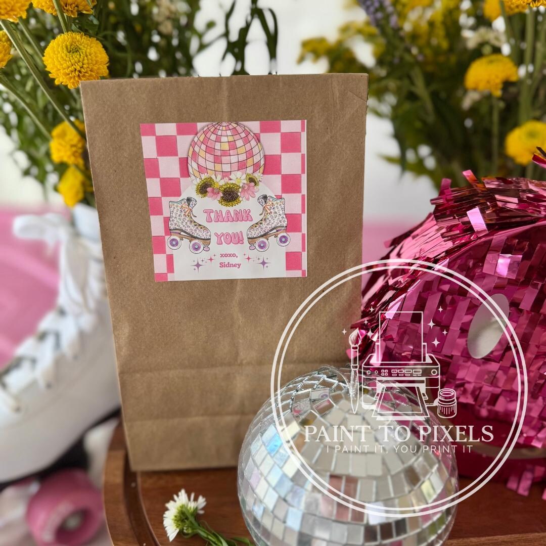 Hand Painted Party Favor Sticker, Thank You Sticker,roller Skate ...