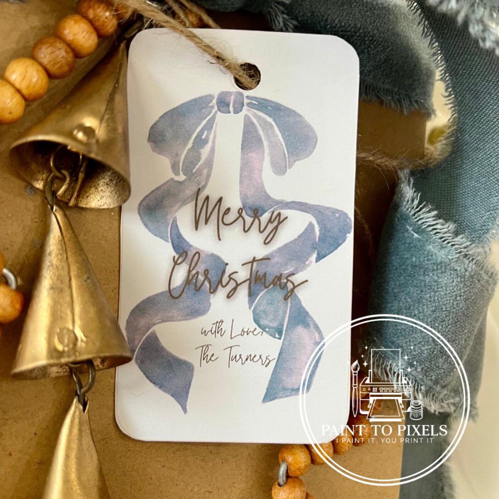 Christmas Gift Tags, Hanging Gift Tags, Watercolor Blue Bow, Printable ...