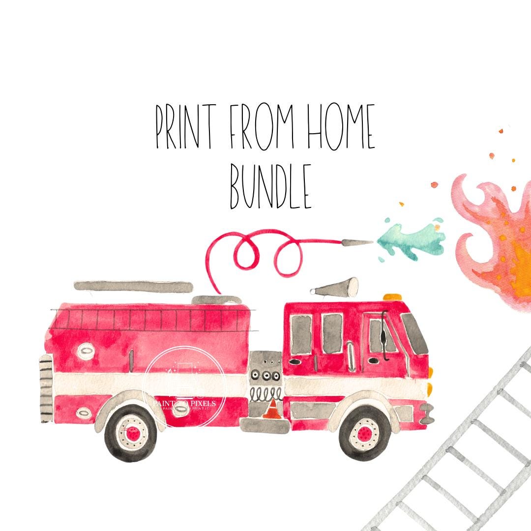 Watercolor Fire Truck Birthday Bundle, Print-at-home (digital Download ...