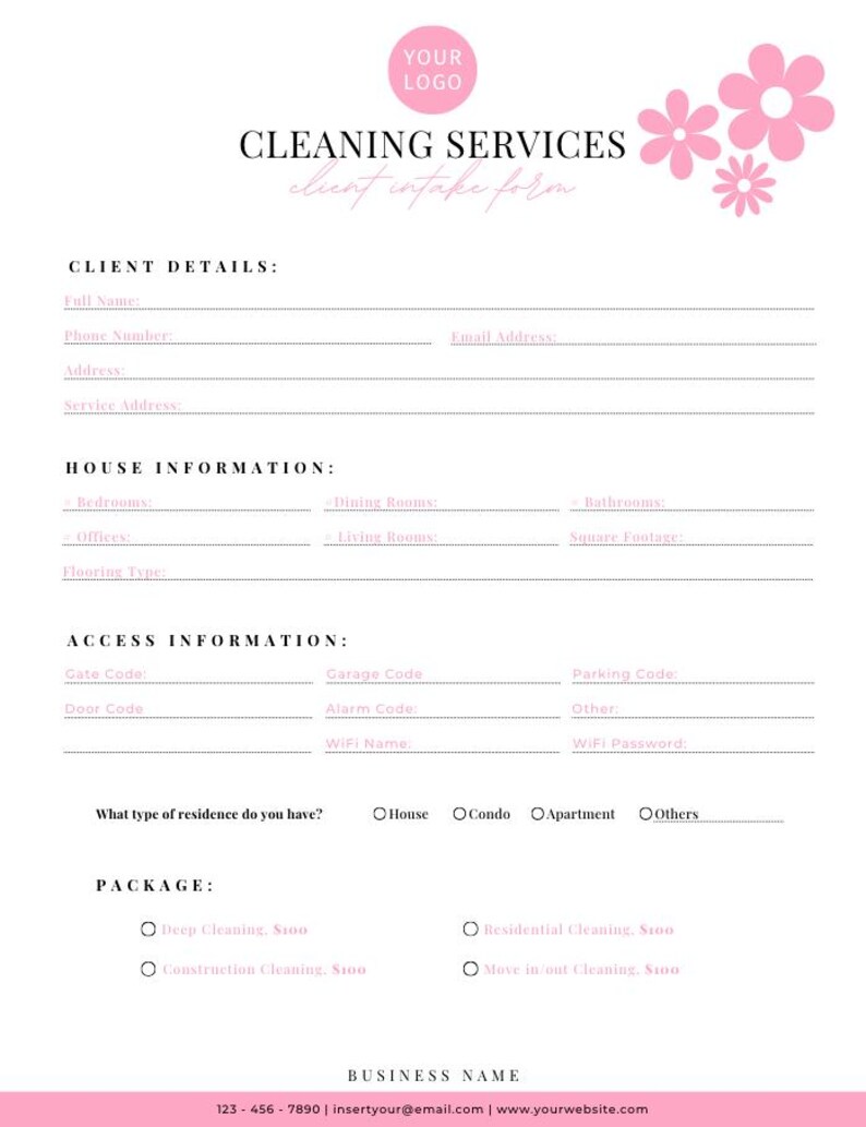 Cleaning Business Client Intake Form - Etsy