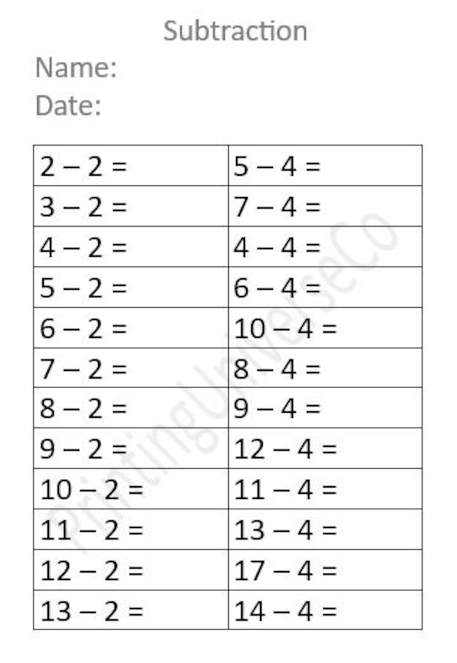 Subtraction Worksheets: Fill in the Blanks, Grade 1-2 (printable PDF ...