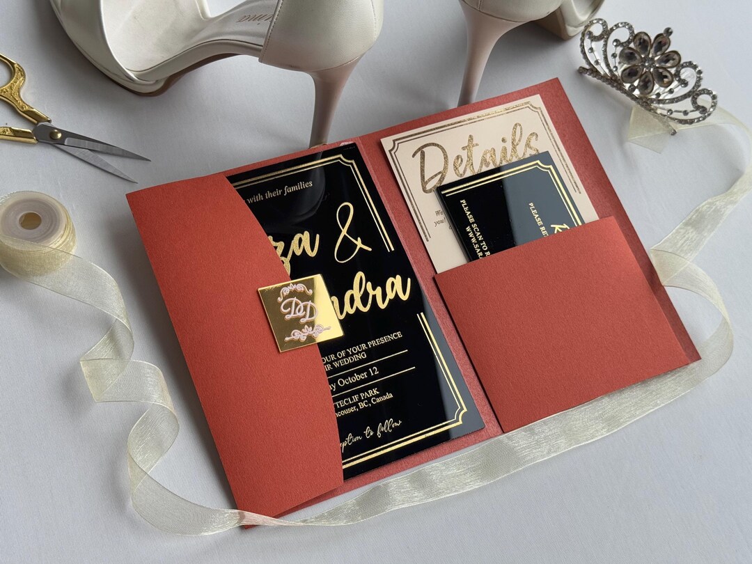 Terracotta Trifold Wedding Invitation Suite: Black Acrylic, QR Code ...