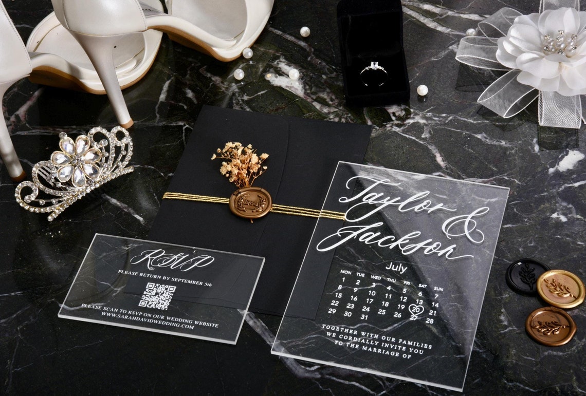 Gold Mirror Acrylic Wedding Invitations With Calendar Design, Elegant ...