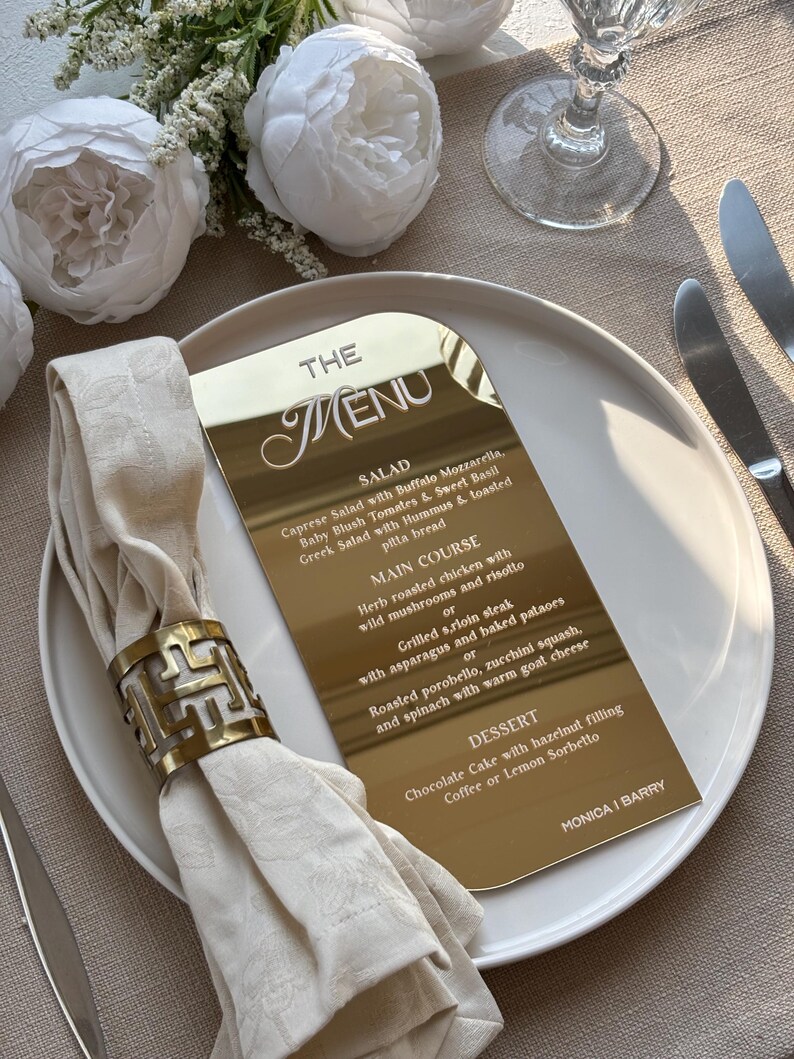 Luxury Mirror Silver Acrylic Wedding Menu Cards - Gold Dinner Reception ...