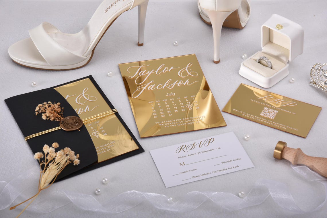 Gold Mirror Acrylic Wedding Invitations With Calendar Design, Elegant ...