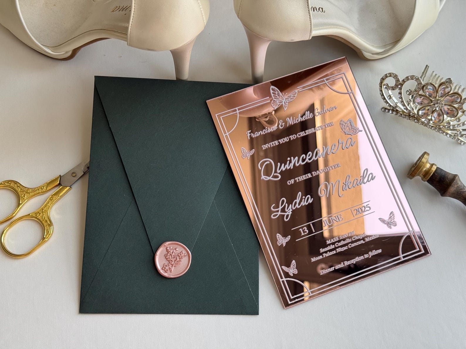 Rose Gold Mirror Acrylic Quinceañera Invitation: Butterfly Sweet 16 ...