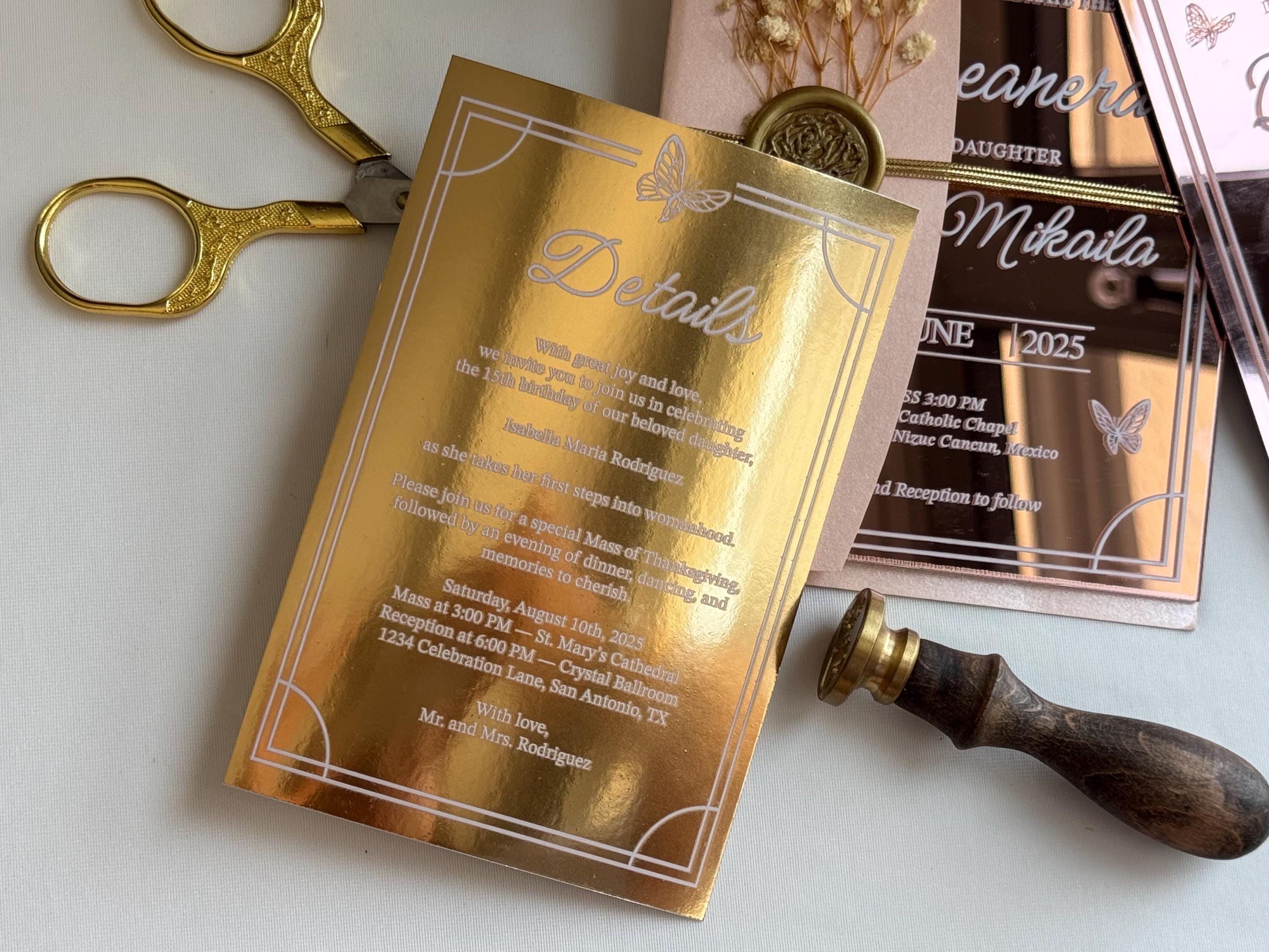 Rose Gold Mirror Acrylic Quinceañera Invitation: Butterfly Sweet 16 ...