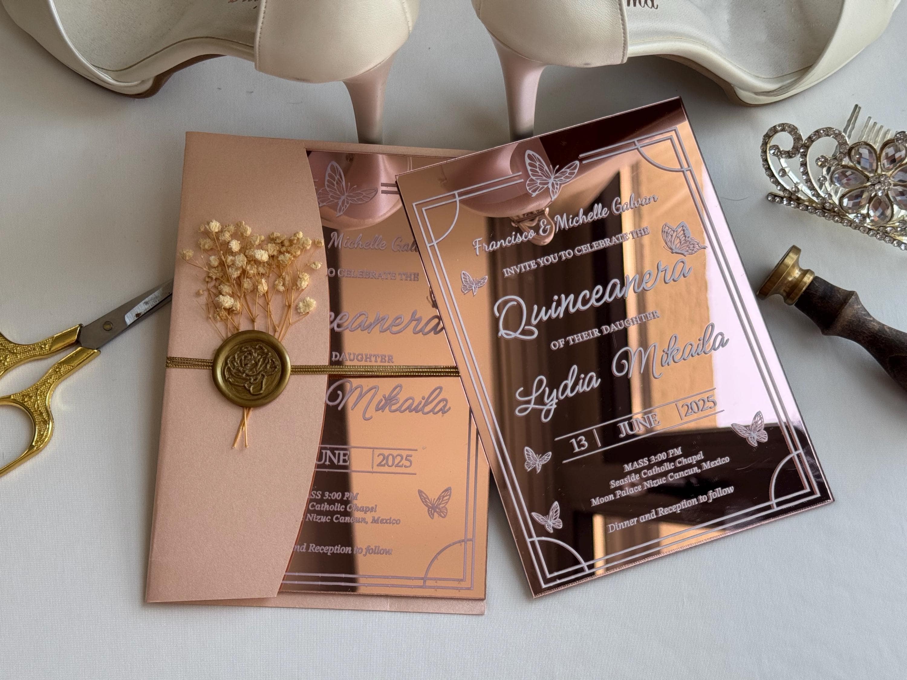 Rose Gold Mirror Acrylic Quinceañera Invitation: Butterfly Sweet 16 ...