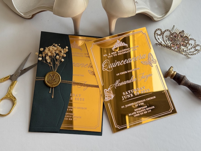 Gold Mirror Acrylic Quinceañera Invitation: Butterfly Wax Seal, QR RSVP ...