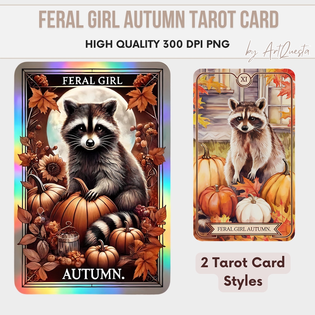 Feral Girl Autumn Tarot Card PNG, Raccoon Autumn Tarot Clipart, Fall ...