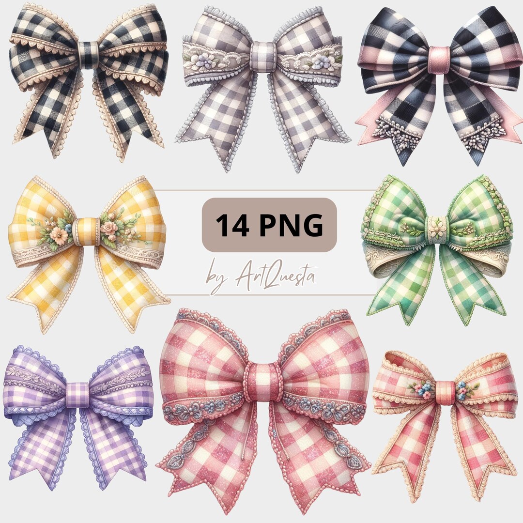 Checkered Bow Clipart, Gingham Bow Set, Vintage Embroidered Bows ...